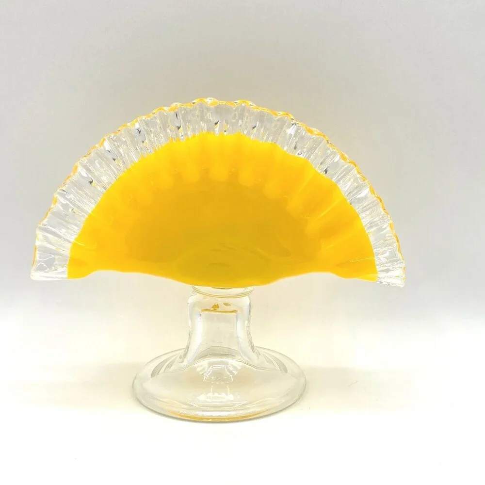 Dining | Vintage Bright Yellow Hand Blown Glass Ruffled Pedestal Fan ...